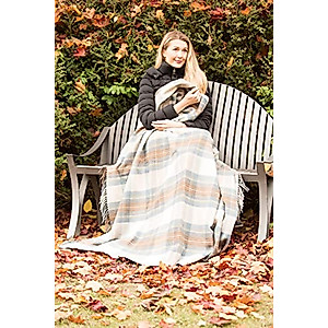 Patrick King Woollen Company Merino Wool Tartan Throw Blanket 69" x 62" Stewart Muted Blue Fringed Plaid Blanket for Home Decor, Camping & Everyday Use | Warm Thick Durable Sustainable Wool Throw