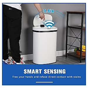 HHS 13 Gallon (50L) Trash Can Stainless Steel Motion Sensor Kitchen Garbage Can with Lid Fingerprint Proof Touch Free High-Capacity Rubbish Bin for Home Kitchen and Office, White…