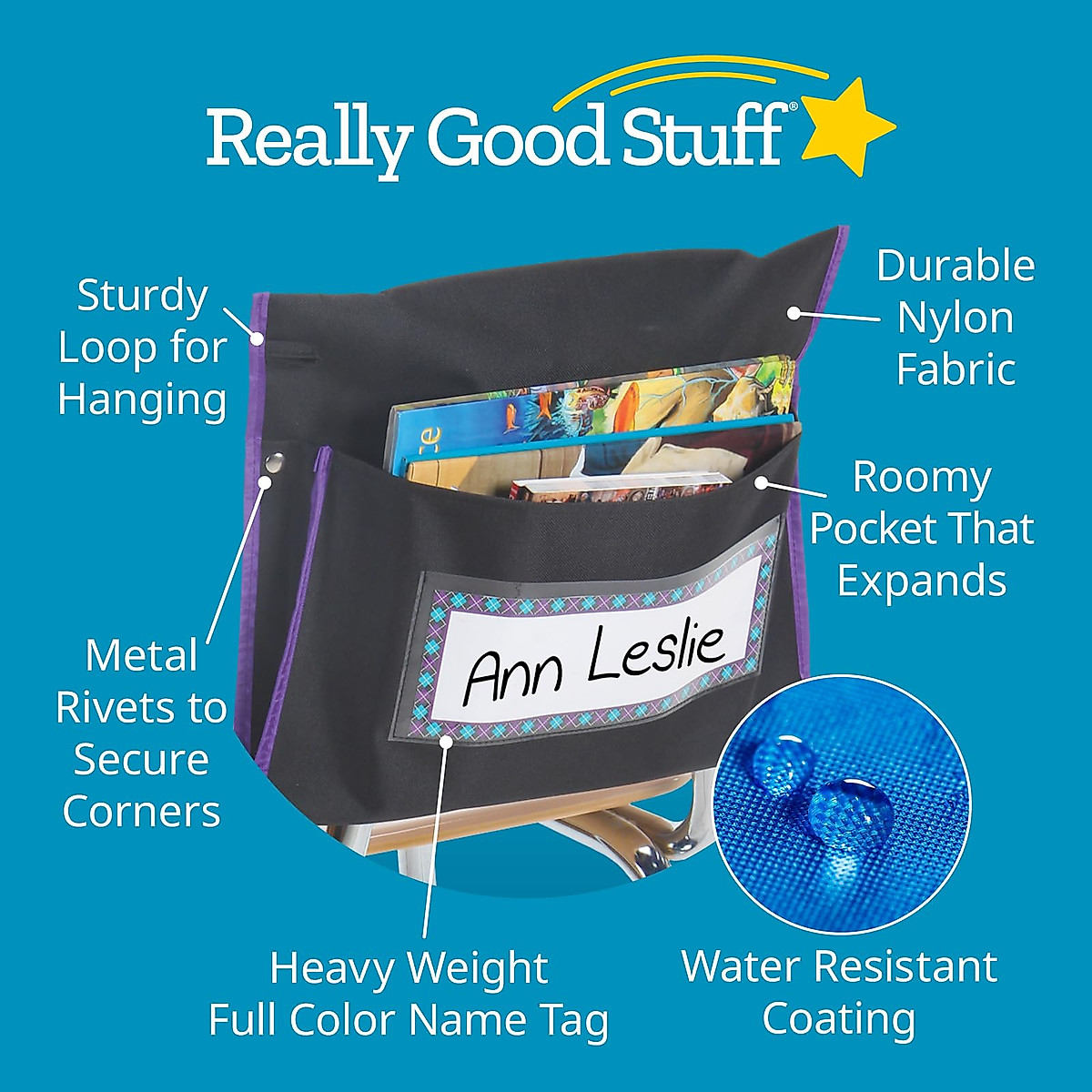 Really Good Stuff Classic Student Book Collection Chair Pockets – 6 Pack – Black/Purple