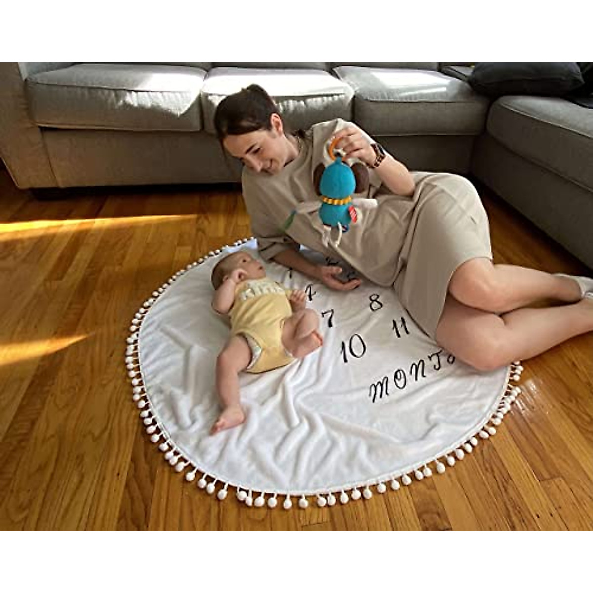 Baby Monthly Milestone Blanket for Boy Girl Gender Neutral Gift for Baby Shower-Circle Ring Play Mat Large- Double Sided Pom Pom Ball Thick Flannel Round Rug for Boy Girl, BabyPhotography Props