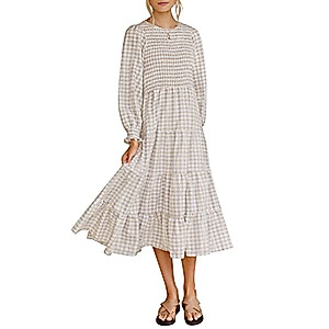 ZESICA Women's Casual Plaid Crew Neck Long Puff Sleeve Elastic Waist Smocked Flowy Tiered Midi Dress,Beige,Medium