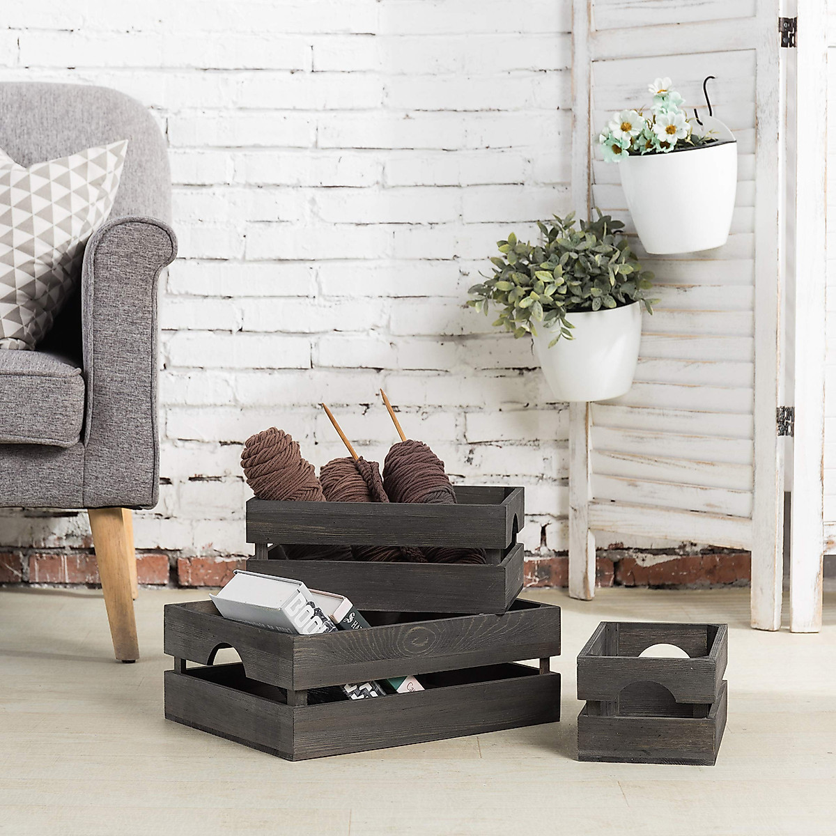 MyGift Rustic Gray Solid Wood Storage Organizer Box with Handle, 3 Piece Various Size Decorative Nesting Crate