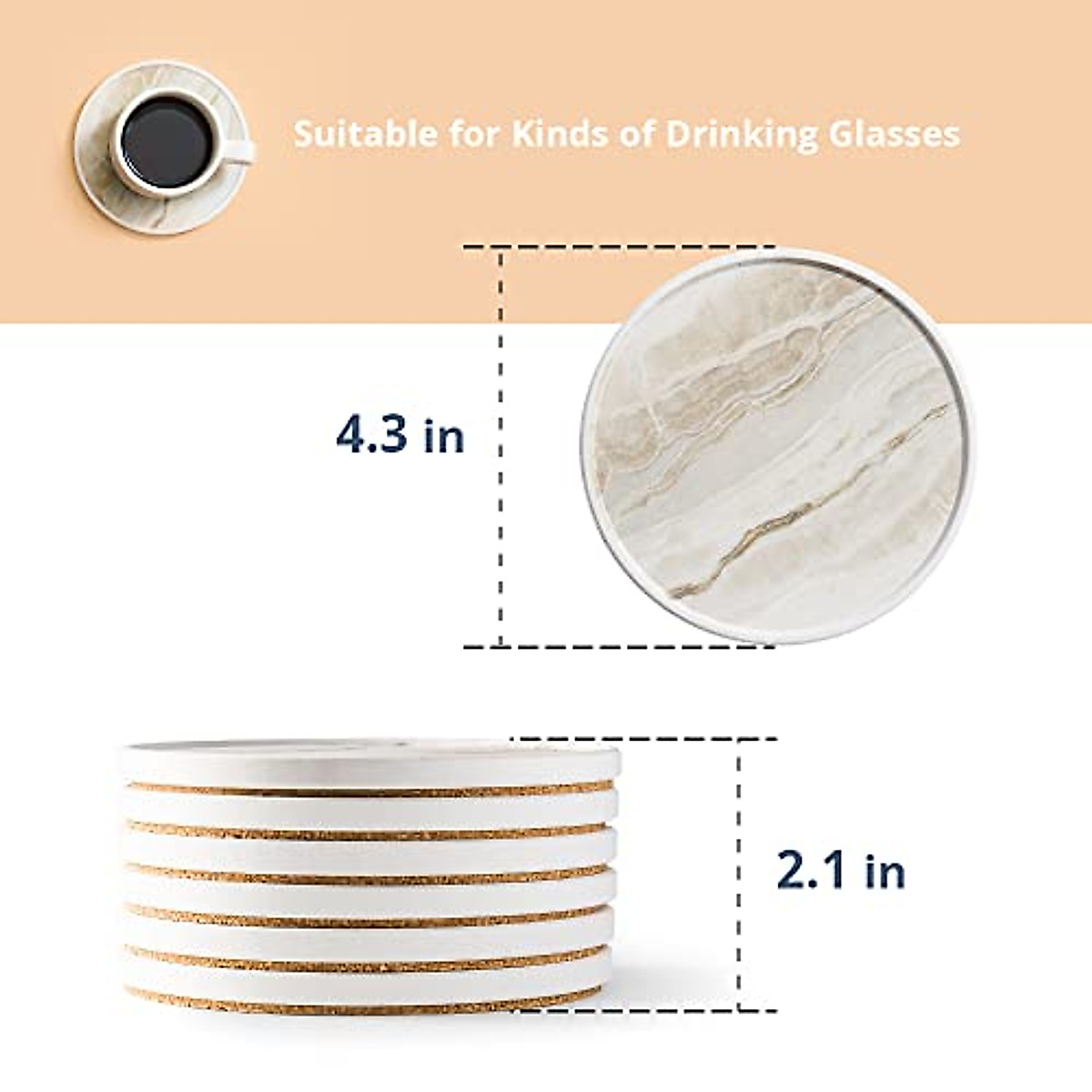 LIFVER Coasters for Drinks, Ceramic Absorbent Coaster for Coffee Table fits All Coffee Mugs Cups, House Warming Gift for New Home Decor Wedding Wooden Table Marble Stone Coaster Set of 6