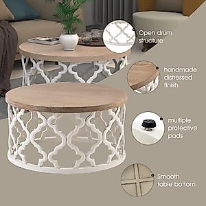 Clredg Round Farmhouse Coffee Table, Wood Grain Top Table with Curved Motif Frame Base for Rustic, Boho, Rustic, French Country Decor, Traditional White