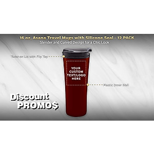 Personalized 16 oz. Asana Travel Mugs with Silicone Seal - 12 Pack - Custom Text, Logo - Red