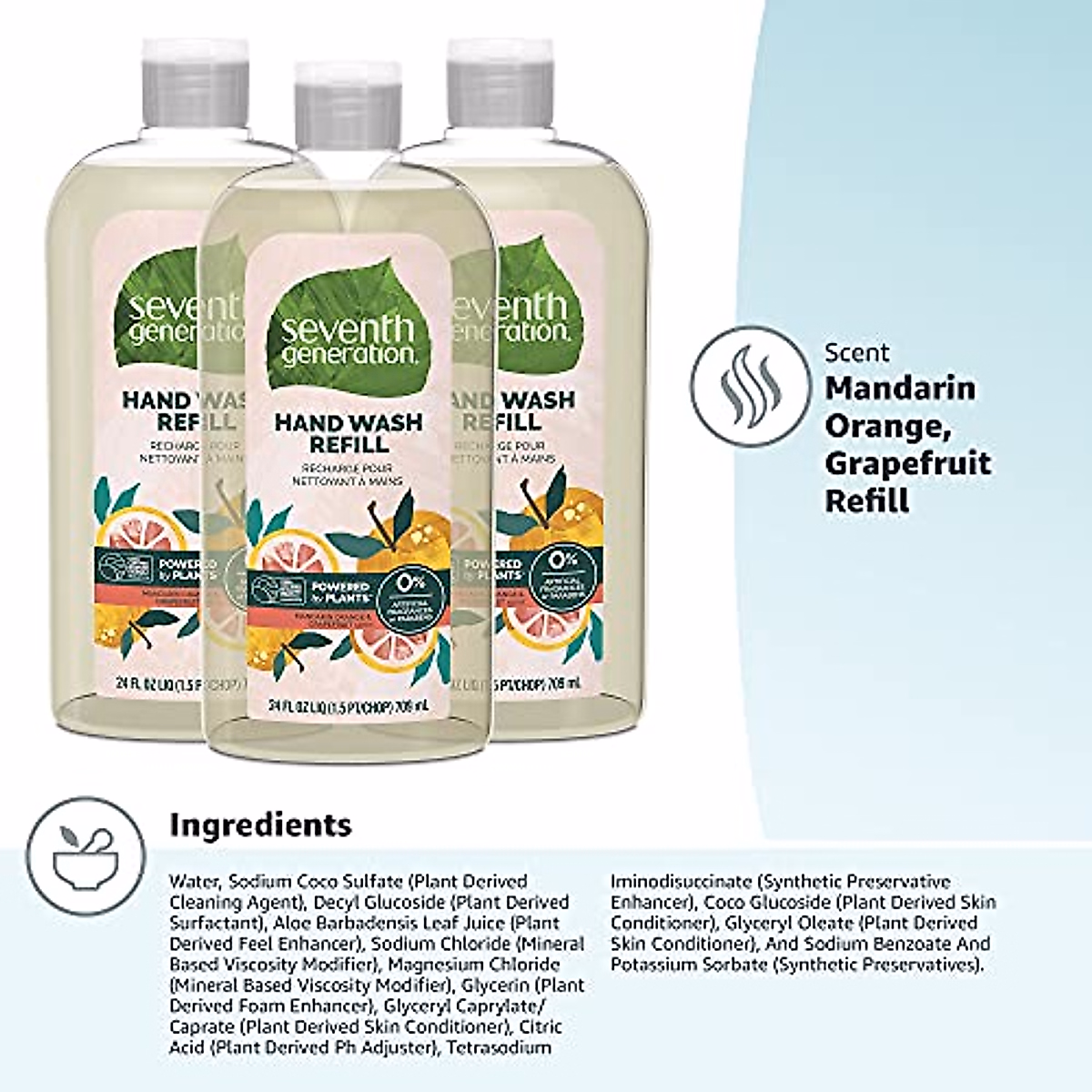 Seventh Generation Hand Soap Refills Mandarin Orange & Grapefruit, Transparent, Mandarin Orange & Grapefruit REFILL, 24 Fl Oz, Pack of 3