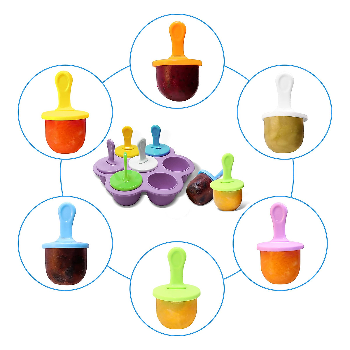 Silicone Popsicle Molds 7-cavity DIY Ice Pop Mold with Colorful Sticks For egg biting ice cream molds baby food storage containers non stick cake molds (Purple)