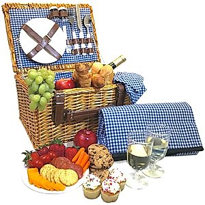 Picnic Basket Set - 2 Person Picnic Hamper Set - Waterproof Picnic Blanket Ceramic Plates Metal Flatware Wine Glasses S/P Shakers Bottle Opener Blue Checked Pattern Lining Picnic Set | Picnic Tote