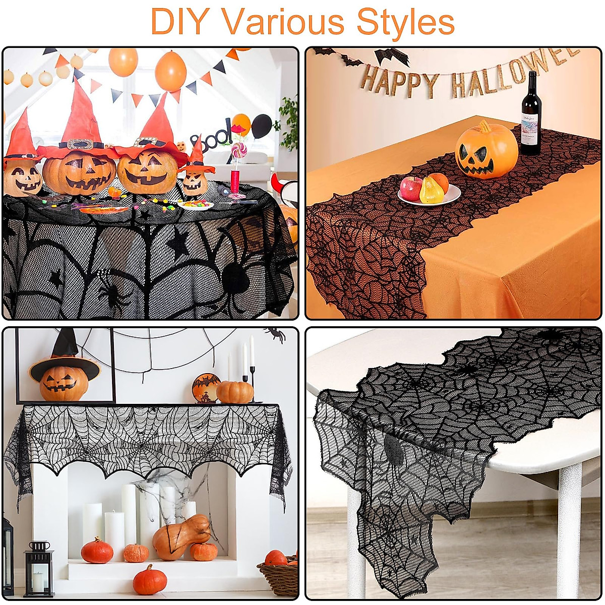 5 Pack Halloween Decorations Indoor Set Halloween Spider Web Tablecloth Round & Table Runners Fireplace Mantel Scarf Cobweb Lampshade Scary 3D Bats for Halloween Spooky Home Decor