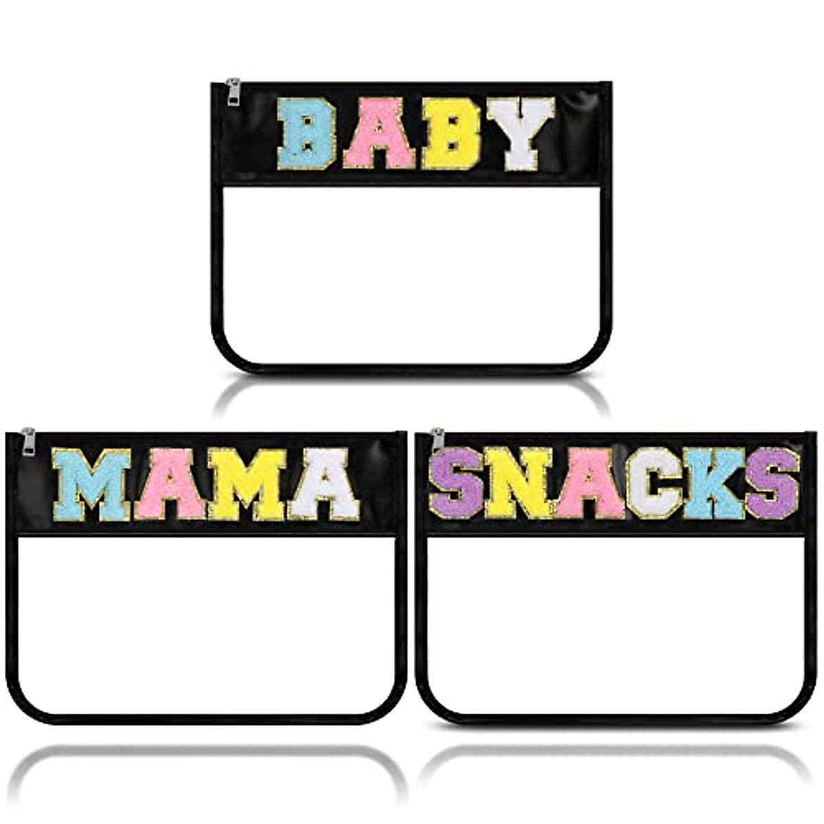 3 Pieces Chenille Letter Clear Zipper Pouches PVC Travel Pouch Waterproof Make up Bag Baby Preppy Snack Bags Clear Cosmetic Bags Mama Toiletry Small Makeup Organizer for Women Girls Kids Gifts