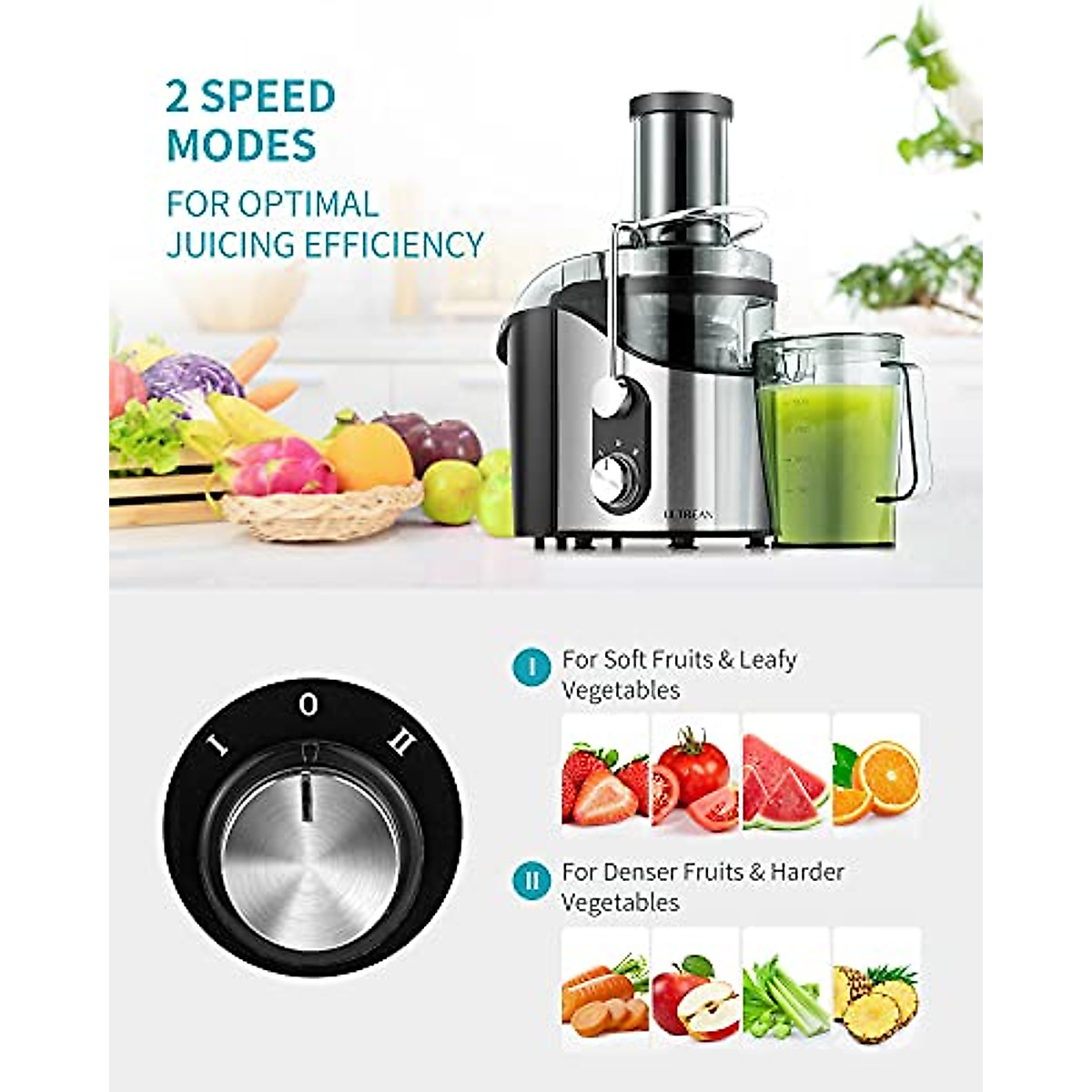 Ultrean Juicer Machine, 800w Juicer with Big Mouth 3” Feed Chute, Dual Speeds Centrifugal Juice Maker for Fruits and Veggies, Easy to Clean and BPA Free