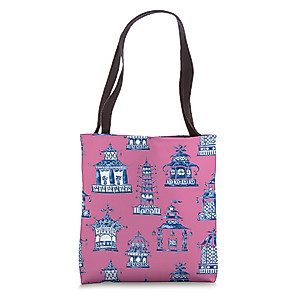 Chinoiserie Asian Pagodas Grandmillennial Cottagecore Pink Tote Bag