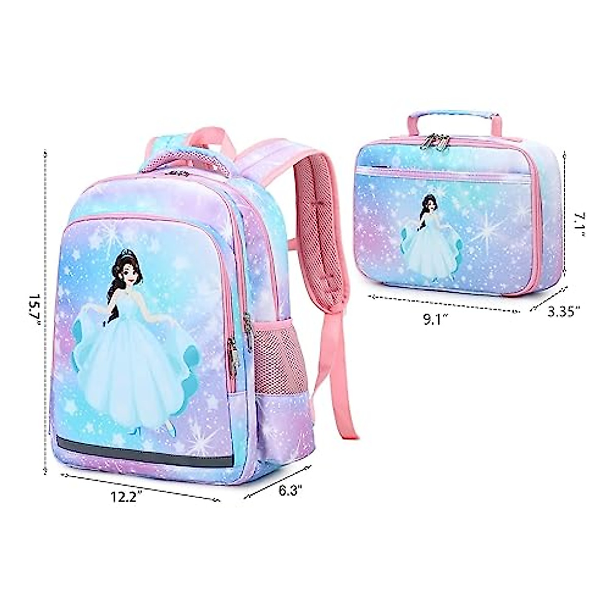 YCBB Kids Backpacks for Girls Princess School Backpack Set with Lunch Tote Bag Lightweight Preschool Kindergarten Elementary School Backpacks