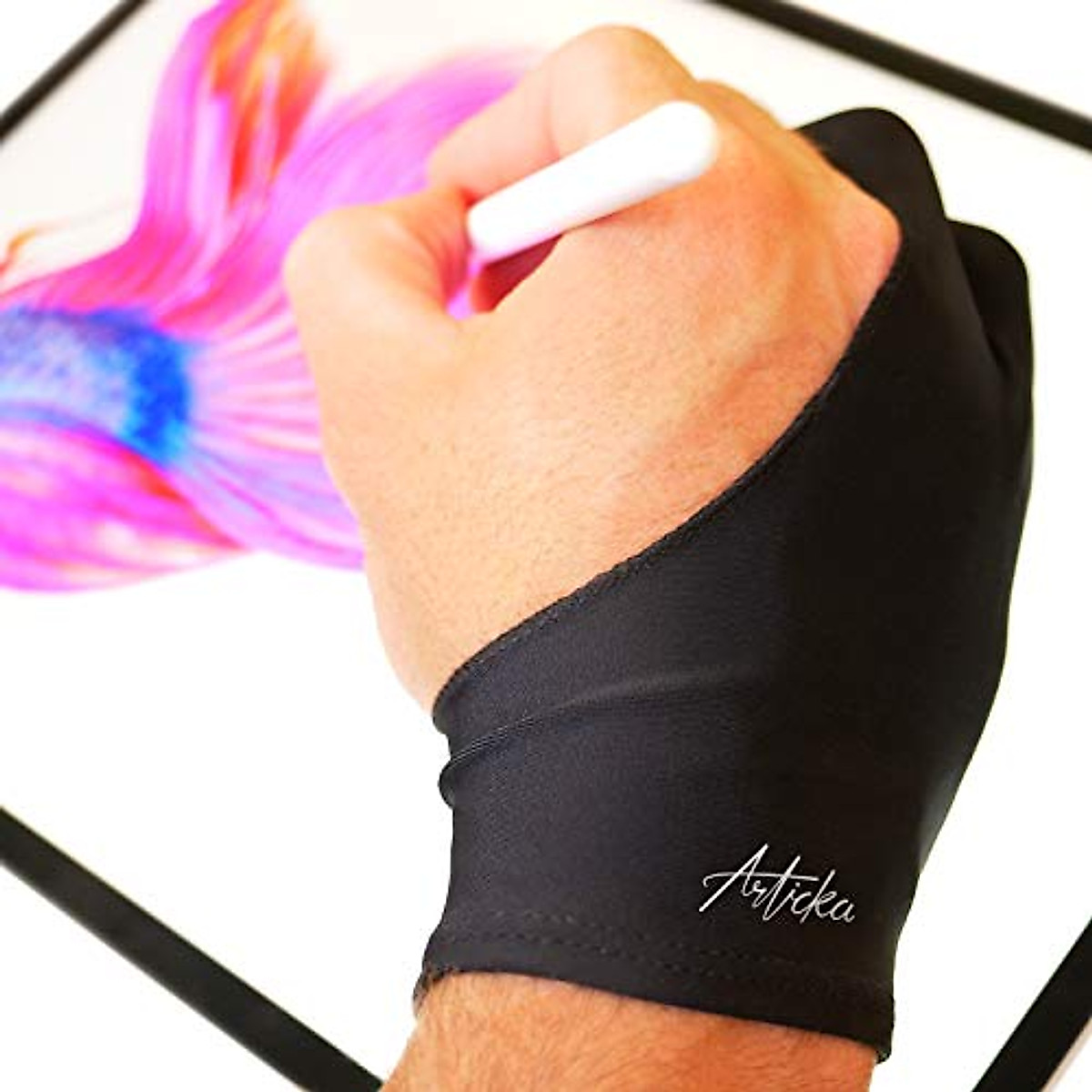 Articka Drawing Glove for Digital Drawing Tablet, iPad (Smudge Guard, Two-Finger, Reduces Friction, Elastic Lycra, Good for Right and Left Hand)(Medium, Black)