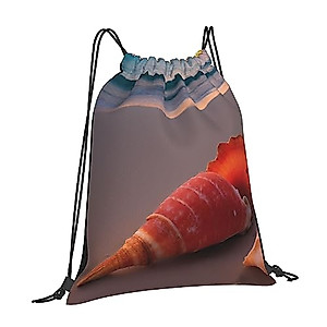Shell Beach Sunset Drawstring Backpack For Men And Women'S Sports And Fitness Bag, Large Size, Zippered Pocket, Lightweight, Foldable And Portable For Travel