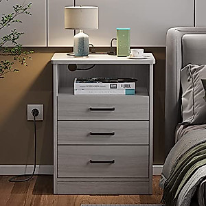 Tiptiper Nightstand Set of 2 with Charging Station,Grey Night Stands for Bedroom,Bedside Table with Drawers & USB Ports, 13.8D x 15.8W x 23.6H in