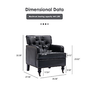 Nrizc Black Leather Club Chair, Mid Century Modern Accent Arm Chairs with Studded, Living Room Chairs with Solid Wood Frame, for Living Room, Bedroom, Reading, or Office