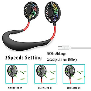 ANYPOWK Portable Neck Fan, USB Rechargeable Fan with 3 Speeds Adjustable, Neck Fans Portable Rechargable Prime with LED Lights - Black