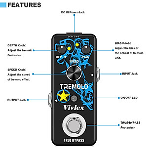 Vivlex LEF-327 Vibe Vibrato Tremolo Trill Pedal Classic Optical Mini Analog Trelicopter Guitar Effects Stompbox for Electric Guitar True Bypass Footswitch