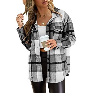 AUTOMET Womens Fall Outfits Fashion Clothes Shackets Flannel Plaid Button Down Long Sleeve Shirts Jackets Grey M