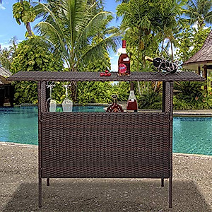 VINGLI Wicker Outdoor Bar Table with 2 Steel Shelves, 2 Sets of Rails, Rattan Patio Bar Table Outdoor Table with Storage for Backyard, Poolside, Garden