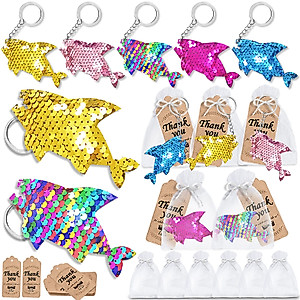 CiciBear 60 Pack Double-Deck Shark Sequin Keychain Set with 20 Shark Keychains, 20 Thank You Tags and 20 Gift Bags for Ocean Animal Party Favor, Kids and Adult Birthday, Baby Shower, 5 Colors