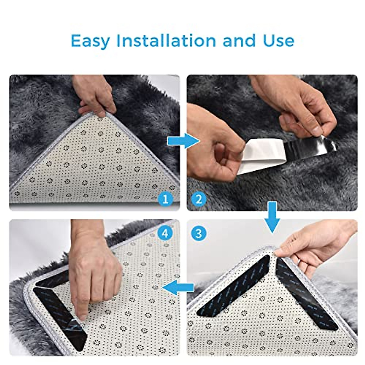 AOKLANT 8 Piece Adhesive Grippers for Rugs, Non-Slip Rug Tape for Hardwood Floors and Tiles, Reusable Washable Carpet Tape, Double Sided Anti Curl Corner Side Gripper