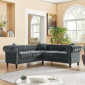 LSKTGA Velvet Convertible Sectional Sofa, Classic Chesterfield L-Shaped Sofa, with Deep Button Tufted Upholstered Roll Arm, 3 Pillows Included, Solid Wood Gourd Legs, Grey