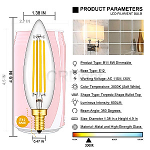 CRLight 8W Smooth Dimmable LED Candelabra Bulb, 3000K Soft White 800 LM 80W Incandescent Equivalent, E12 LED Filament Candle Bulbs, Large Size B11 Clear Torpedo Shape, 6 Pack