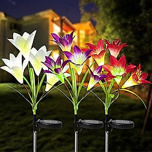 MUYUN Solar Flower Stake Lights Outdoor Garden Lights 3 Pack Color Changing Decorative Lights with Lily Flower for Patio, Lawn, Garden, Yard