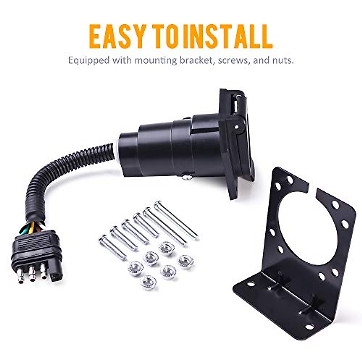 SnowyFox 4 Flat to 7 Way Round Trailer Light Adapter Plug 6-24V for Trailer RV Boat Car with Mounting Bracket