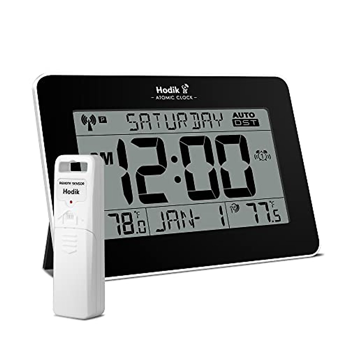 HODIK Atomic Clock with Indoor Outdoor Temperature Wireless, Large 11.4 Inch LCD Display for Easy Reading, Self-Setting Battery Powered Table Clock or Wall Clock with High Precision Sensor
