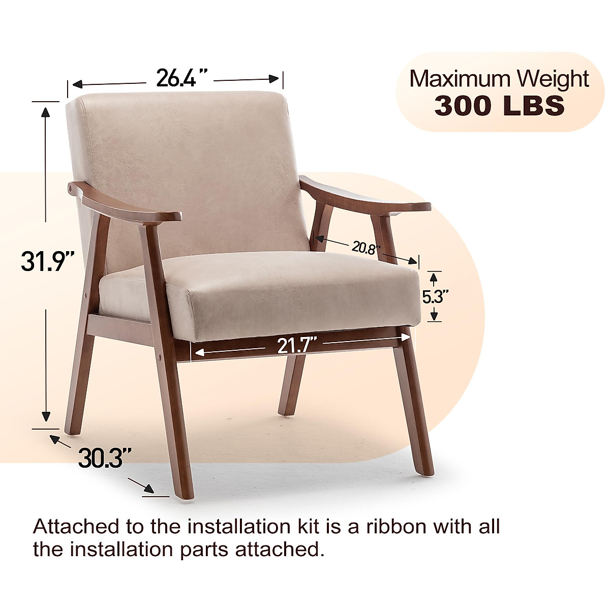 DKS Accent Chair, Mid-Century Modern Chair with Pillow, Living Room Chair with Solid Wood Frame, Extra-Thick Backrest, Wingback Chair for Bedroom, Reading Room, Living Room, Lounge Chair Indoor