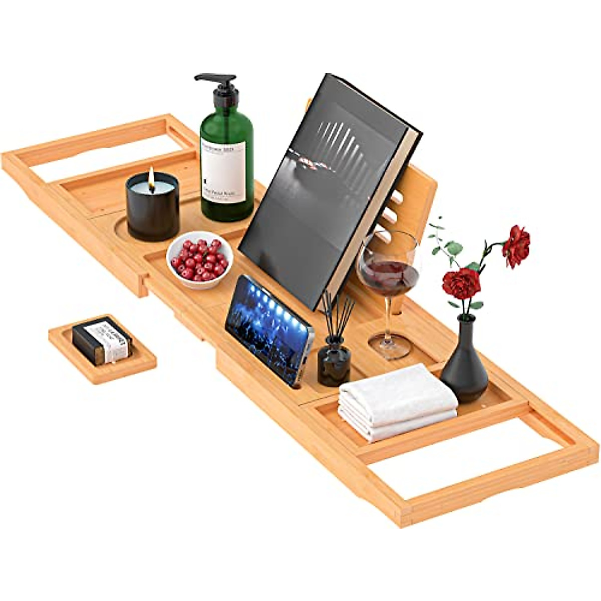 Bathtub Tray Caddy Bamboo 41" Longest Extended Length+ Gifts for Mom Lavender Scented Candles Bundle Green Jar