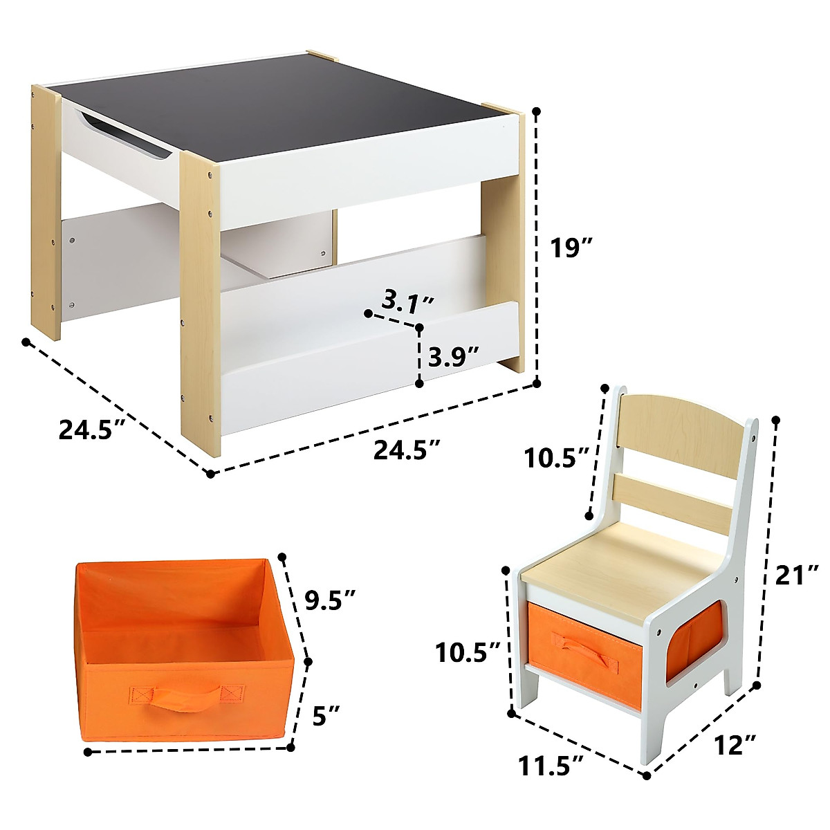 TODEFULL Kids Table and Chair Set, 4-in-1 Wood Activity Table w/Storage Bins, Detachable Tabletop, Blackboard, Bookshelf, Toddler Table and Chairs for Crafts/Drawing/Reading/Playing, Natural & Orange