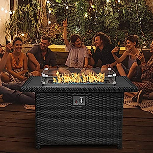 44 in Propane Gas Fire Table Auto-Ignition 50,000BTU， Rectangle Woven Rattan Fire Pit for Outside Patio Garden Deck & Backyard，with Lid and Blue Glass Beads, Glass Wind Guard,CSA Approved(Black)