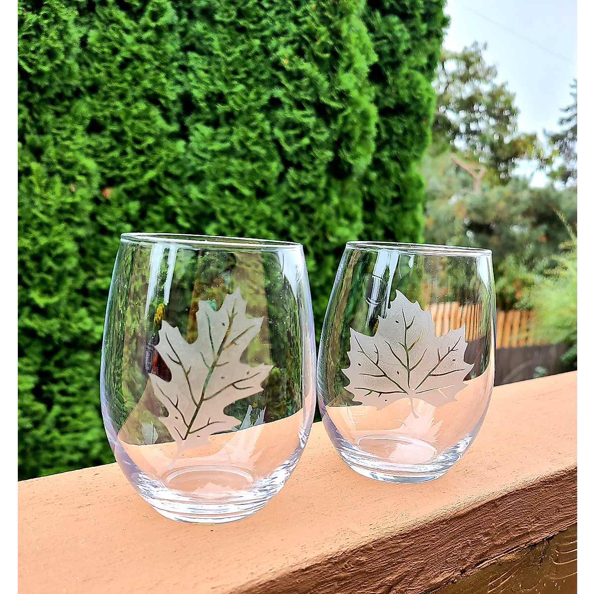 Fall leaves glass set, etched wine glass, etched maple leaf glass, oak leaf glass, stemless barware, for wine lovers, hostess gift