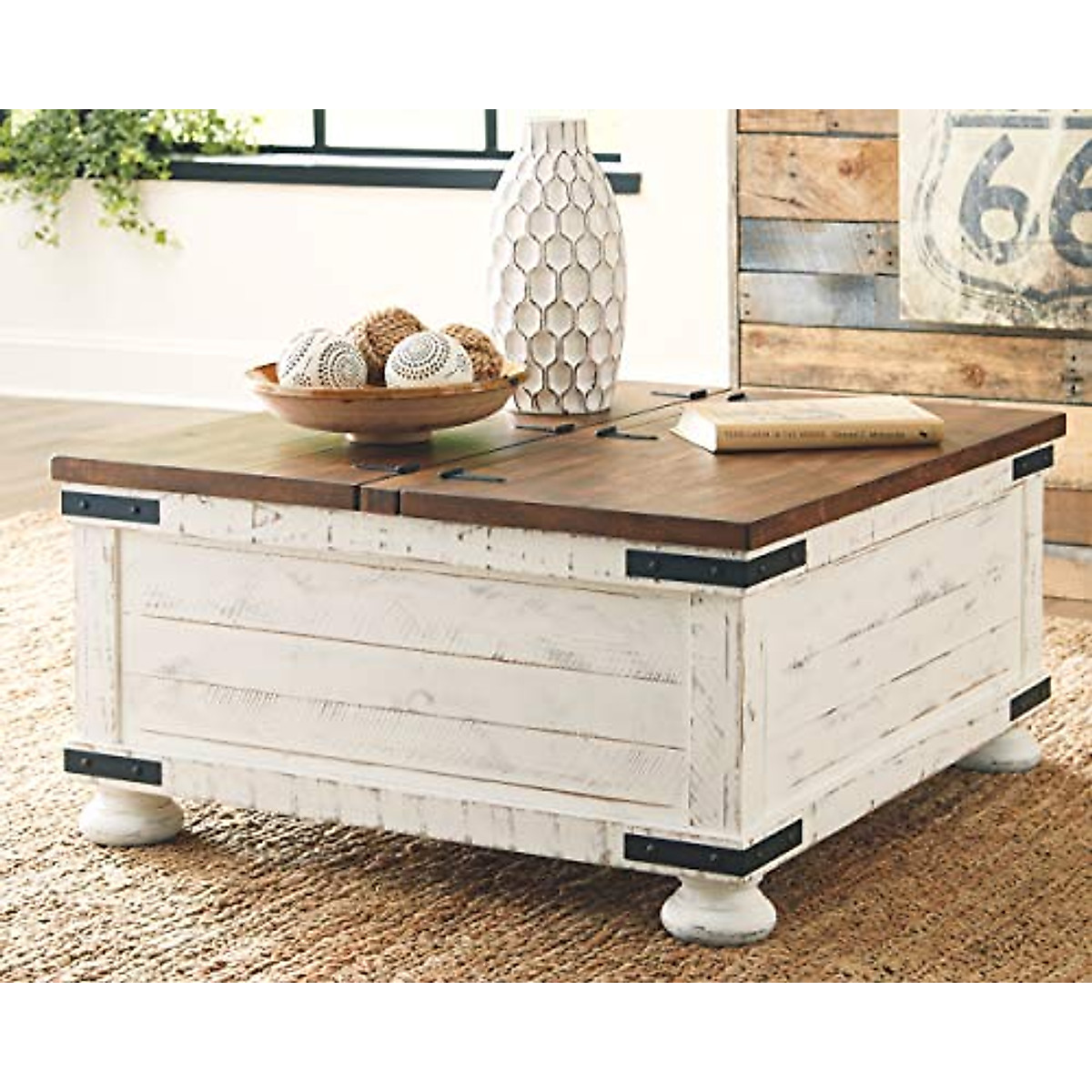 Signature Design by Ashley Wystfield Farmhouse Square Storage Coffee Table with Hinged Lift Top, Distressed White and Chair Side End Table with Cabinet Door for Storage, White & Brown