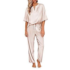 Ekouaer Satin Pajama Set Womens Silk Short Sleeve V Neck Shirt with Long Pant Soft Loungewear Pjs Set Champagne