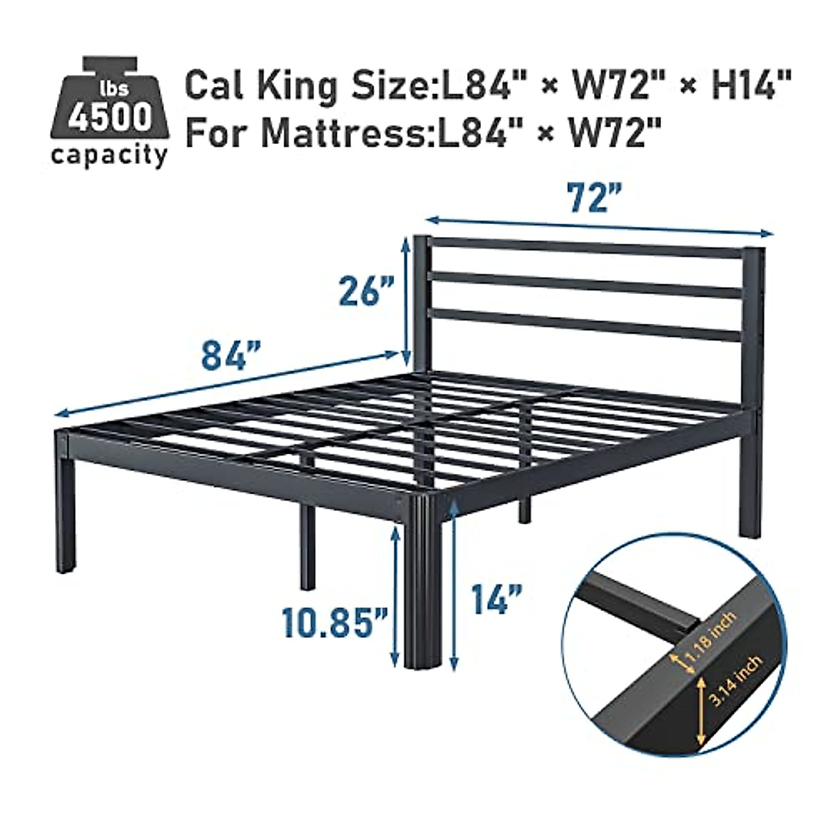 Woozuro California King Bed Frame with Headboard, 14 Inch Heavy Duty Metal Platform Bed Frames No Box Spring Needed, Round-Corner Leg Design Mattress Foundation, Easy Assembly, Noise Free, Black
