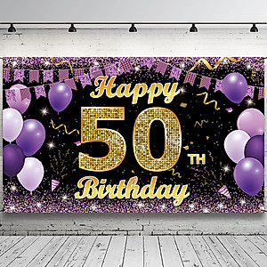 50th Birthday Decorations Backdrop Banner, Happy 50th Birthday Decorations for Her, Gold Purple 50 Birthday Party Photo Backdrop Decor Supplies for Women, Fabric 6.1ft x 3.6ft Vicycaty