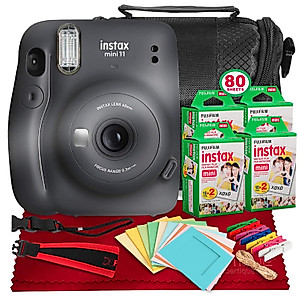 FUJIFILM INSTAX Mini 11 Instant Film Camera (Charcoal Grey) + ACCESSORY BUNDLE THAT INCLUDES 4X Fujifilm Instax Mini Twin Film (80 Exposures), Camera Carrying Case, Camera Strap & Funky Film Frames