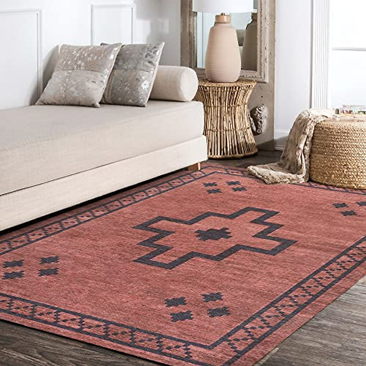 JONATHAN Y WSH118A-5 Korsa Geometric Medallion Machine-Washable Indoor Area -Rug, Bohemian Southwestern Rustic Easy -Cleaning,Bedroom,Kitchen,Living Room,Non Shedding, Brown/Navy, 5 X 8