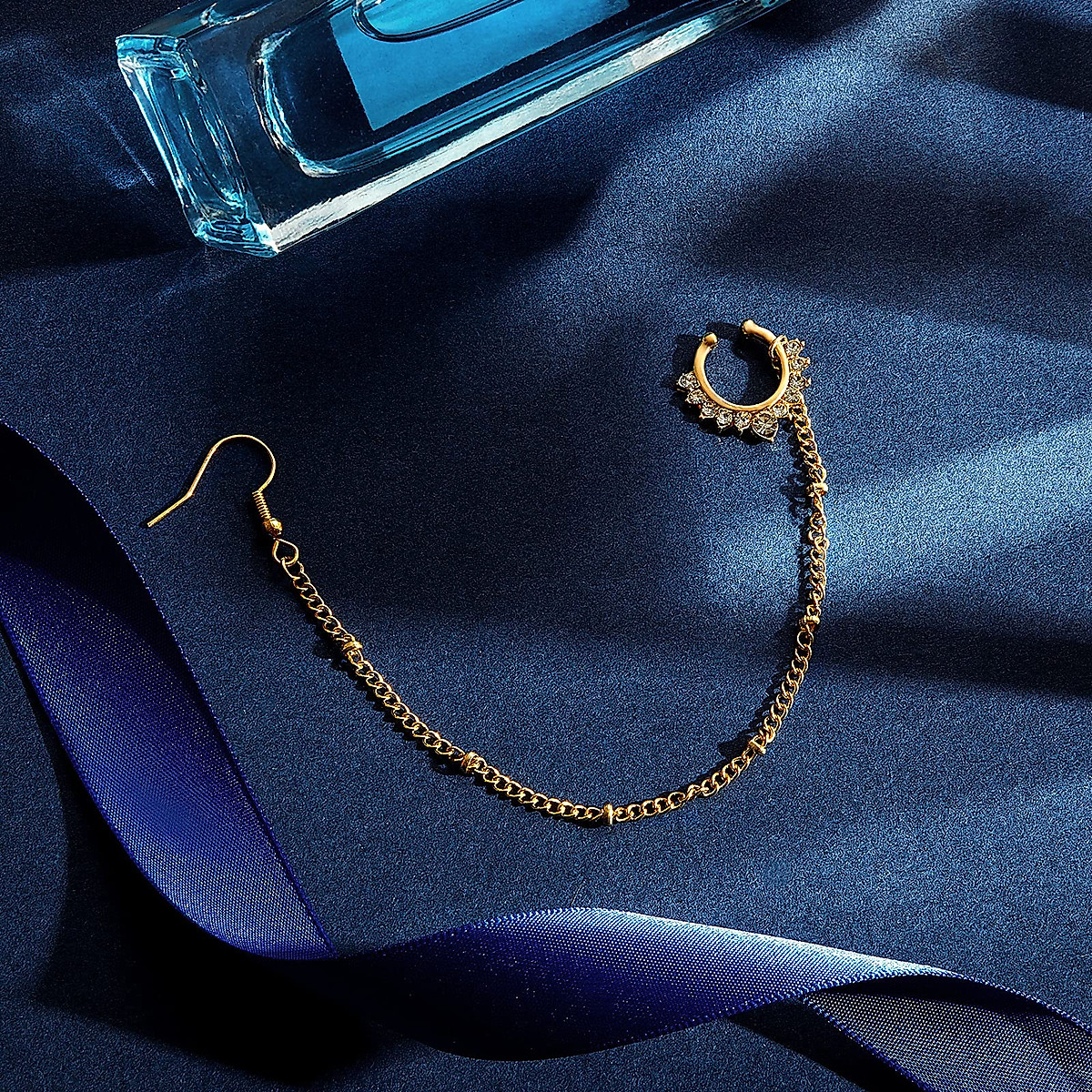 3 Pieces Nose Hoop Chain Rings Double-layer Septum Non Piercing Nose Hoop Ring Dangle Chain Earrings (Gold)