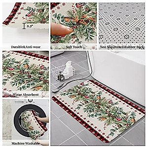Kitchen Mat Rug 1 PCS Christmas Bird Poinsettia Pine Cone Red Plaid Linen Runner Rug Anti-Fatigue Comfort Memory Foam Standing Mat Non-Slip Floor Door Mat for Bathroom Bedroom 24x71in