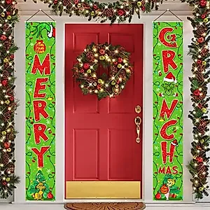71x 12" Merry Christmas Banner, Green Monster Christmas Decorations Outdoor Banner, Red and Green Christmas Door Decoration Wall Front Door Porch Sign for Indoor Outdoor Celebration Merry Christmas