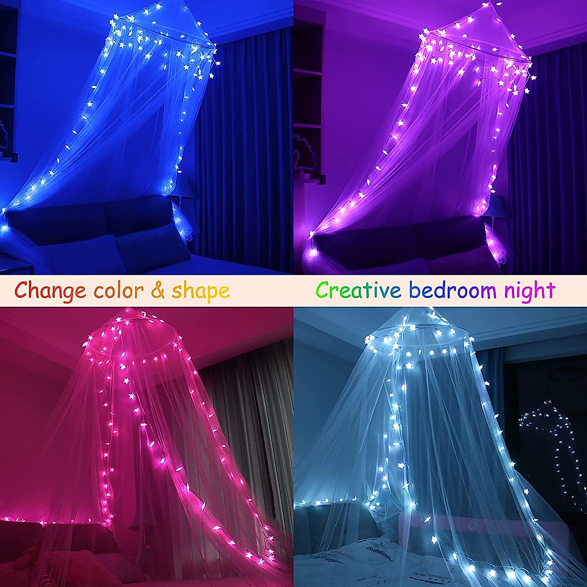 Obrecis Bed Canopy with LED Star Lights, Princess Canopy Bed Curtain with 18 Colors Changing String Lights Remote Timer for Girls Bedroom, Pink Red Blue White Dome Canopy for Twin to King Size Bed