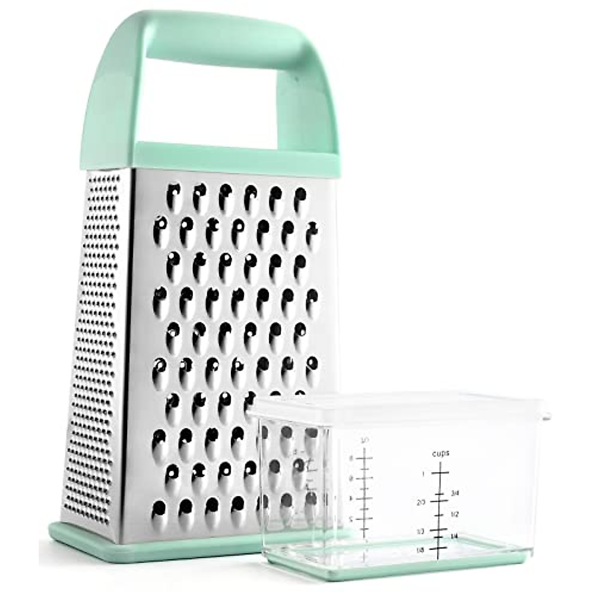 Spring Chef Professional Box Grater With Storage Container, Stainless Steel & Soft Grip Handle, 4 Sides, Handheld Kitchen Food Shredder Best for Parmesan Cheese, Vegetables, Ginger, 10" Mint