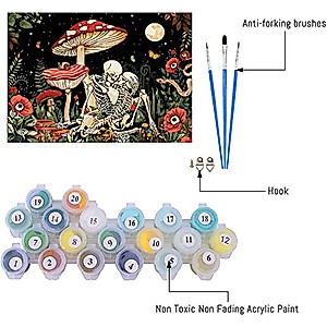 Clendo Mushroom Skull Paint by Numbers for Adults,Skeleton Trippy Flower Plant Paint by Number for Adults Beginner,Hippie Cool Nature Moon Star Acrylic Paint by Numbers for Home Wall Decor Inch16x20