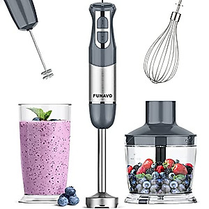 Immersion Hand Blender, FUNAVO 800W 5-in-1 Multi-Function 12 Speed 304 Stainless Steel Stick Blender with Two Mode Adjustable, 600ml Beaker, 500ml Chopping Bowl, Whisk, Milk Frother, BPA-Free